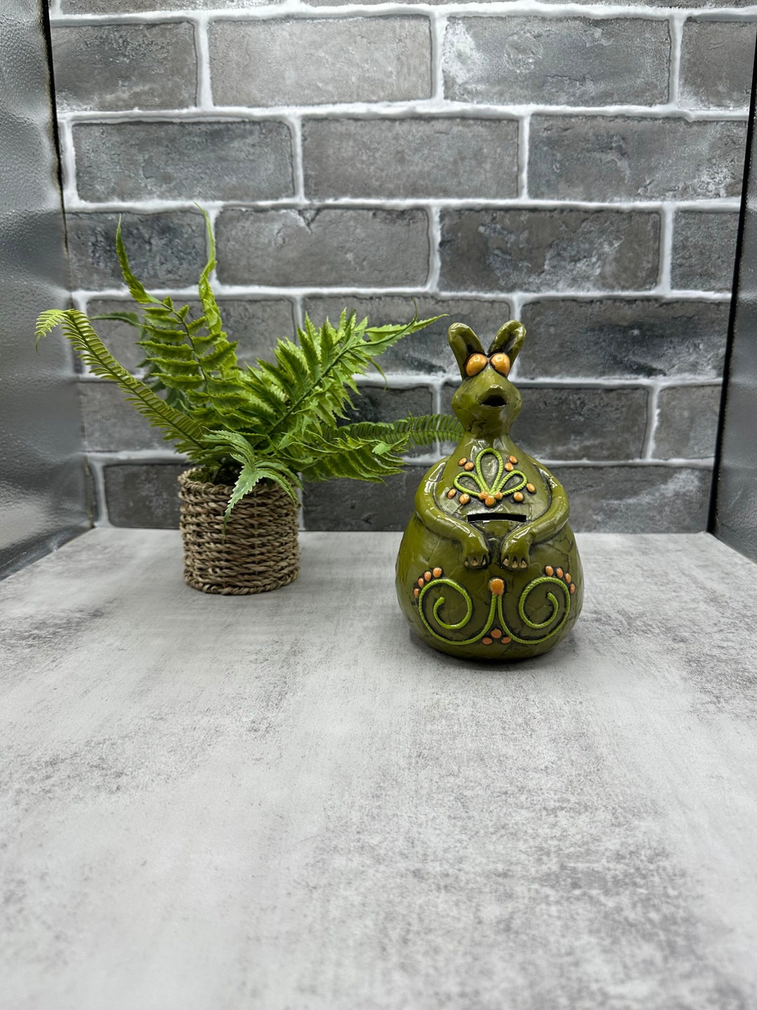 1970s Fitz and Floyd Paper Mache Kangaroo Bank; Dirpy Olive Green ...