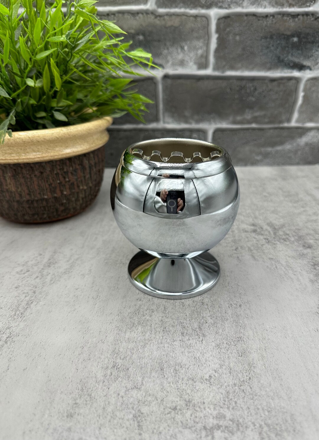 MCM Chrome Ashtray Sphere Polished Chrome Round Pedestal Ashtray 1970's ...