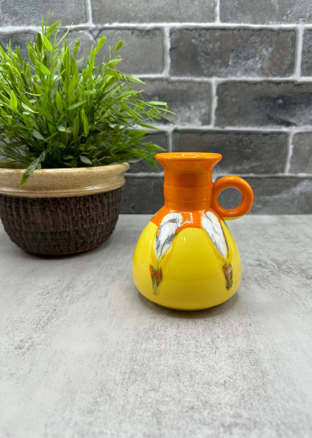 Vintage 5.1 Tall Relpo Ceramic Vase With Round Handle Vibrant Yellow ...