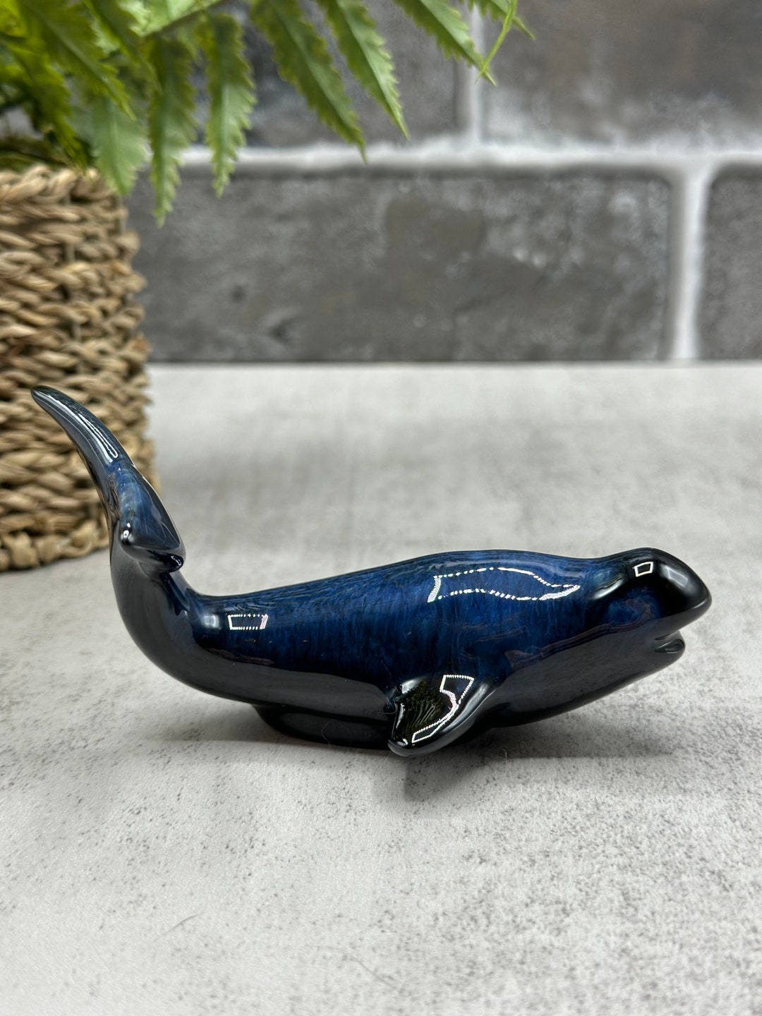 Vintage 4" Long Whale Figurine; Pottery With Black and Blue Drip Glaze ...