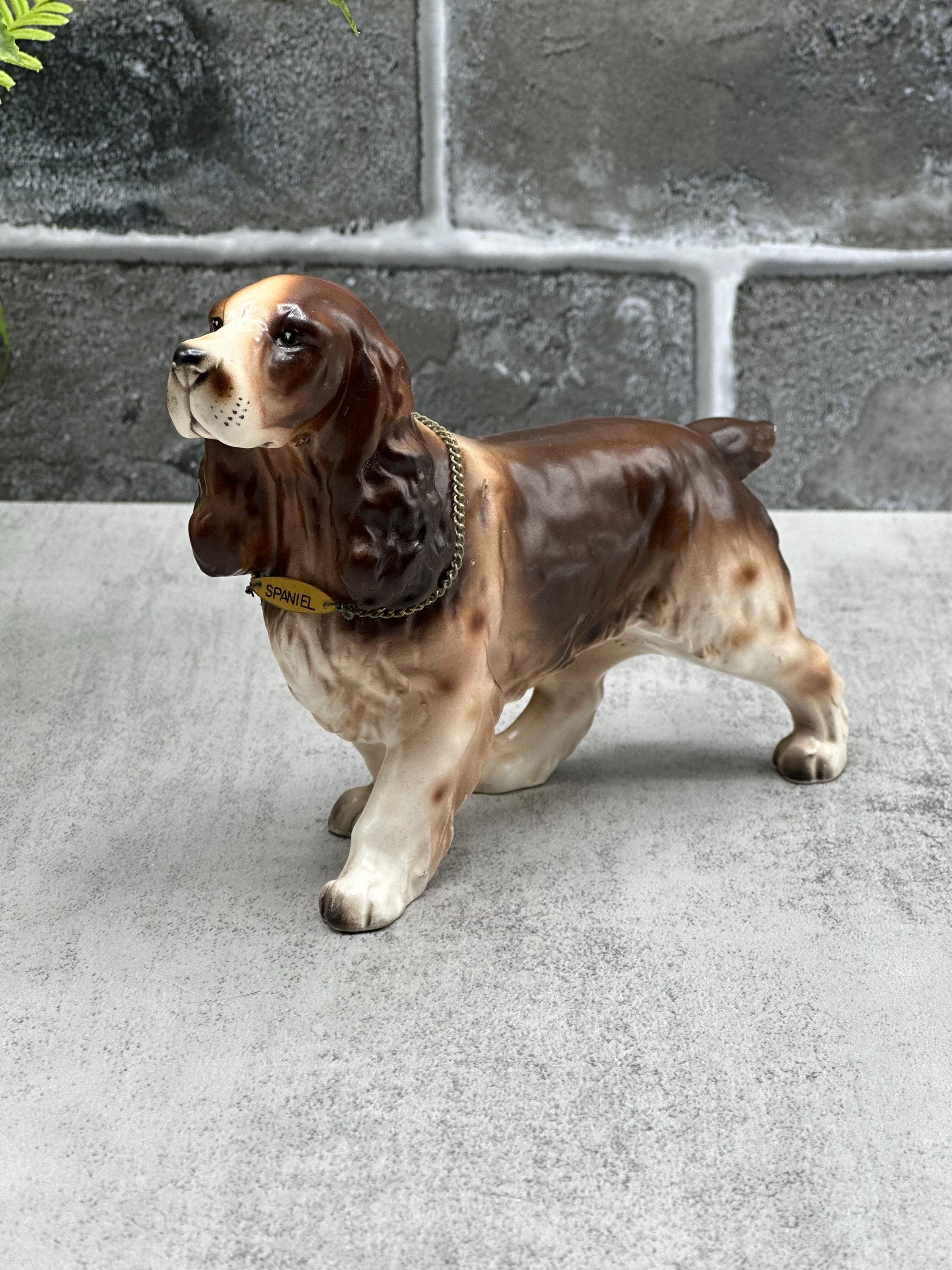 Vintage Cocker Spaniel Dog Figurine; Brown, White Dog; Breed Tag Chain ...