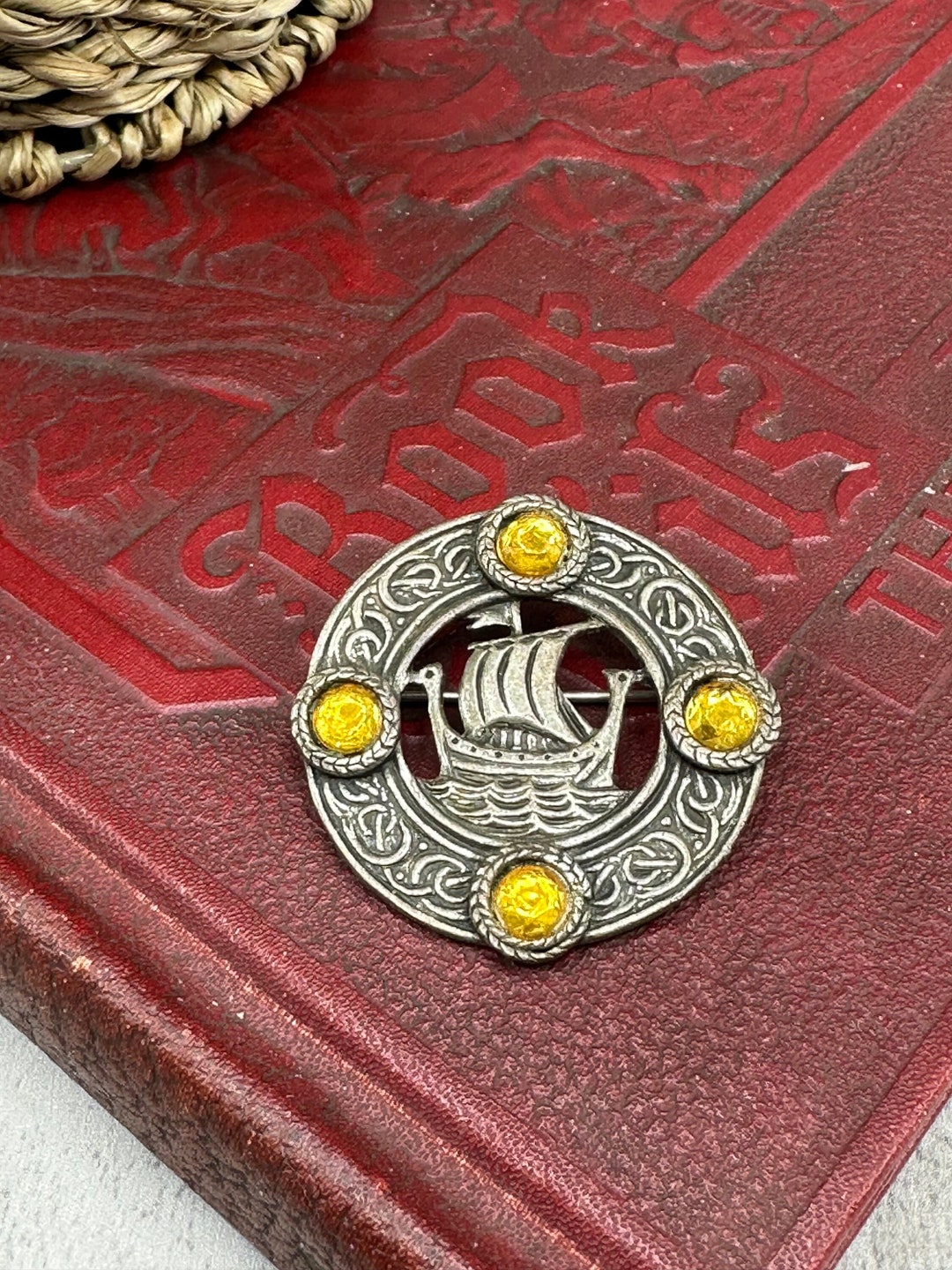 Vintage Pewter Celtic Ship Brooch With Yellow Glass Crystals; Viking ...