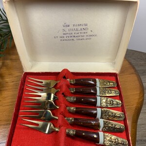 Set of 6 Two-pronged Small Forks Bronze and Wood Cocktail Forks From ...