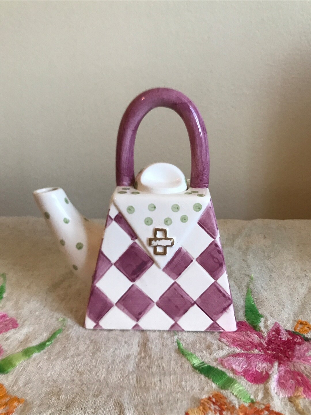 Designpac Hand Painted Ceramic Handbag Purse Shaped Tea Pot Pink/green ...