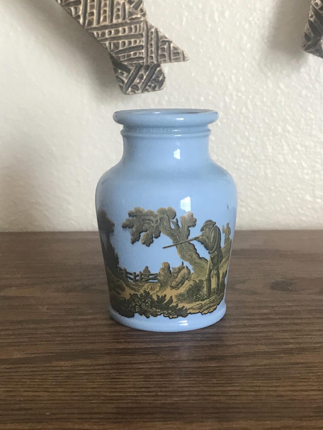 Vintage English Prattware Blue Paste Pot/ Mustard Jar Depicting Hunting ...