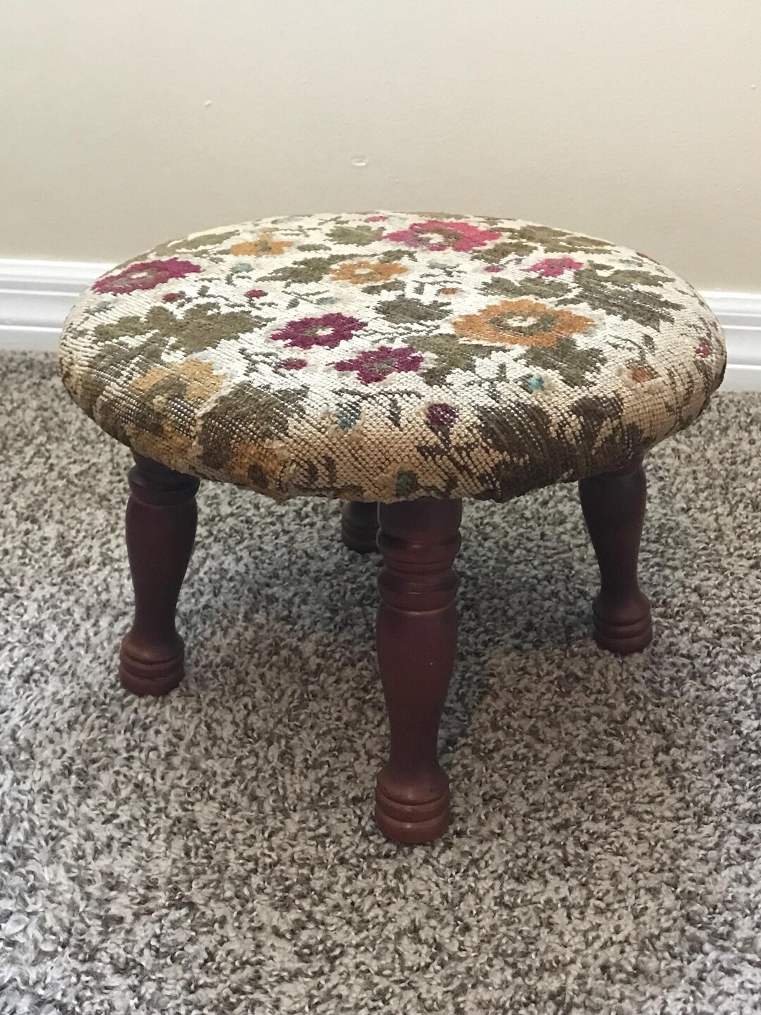 Vintage MCM Four Wooden Leg Stool With Floral Needlepoint Upholstered ...