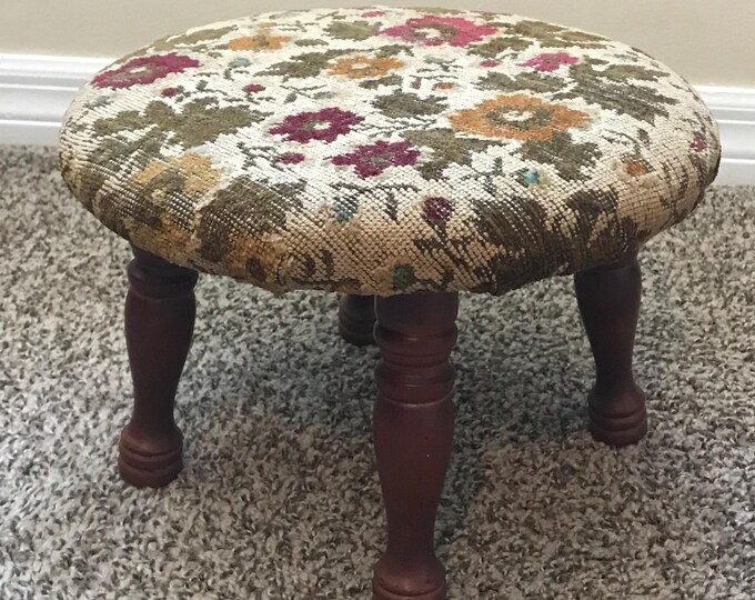 Vintage MCM Four Wooden Leg Stool With Floral Needlepoint Upholstered ...