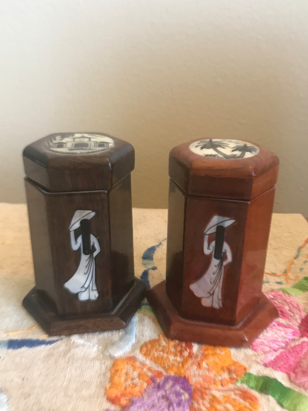 Wooden Pair of Box Toothpick Holders Mother of Pearl Inlay Hexagon ...