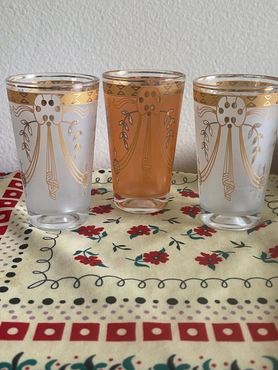 Set of Three (3) MCM Frosted Juice/cocktail Glasses Peach Clear With ...