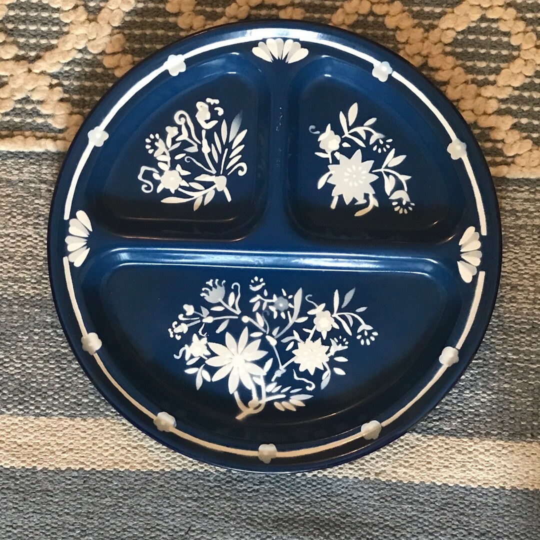 Vintage Blue and White Floral Stenciled Metal 3 Section Plate 12 D - Etsy