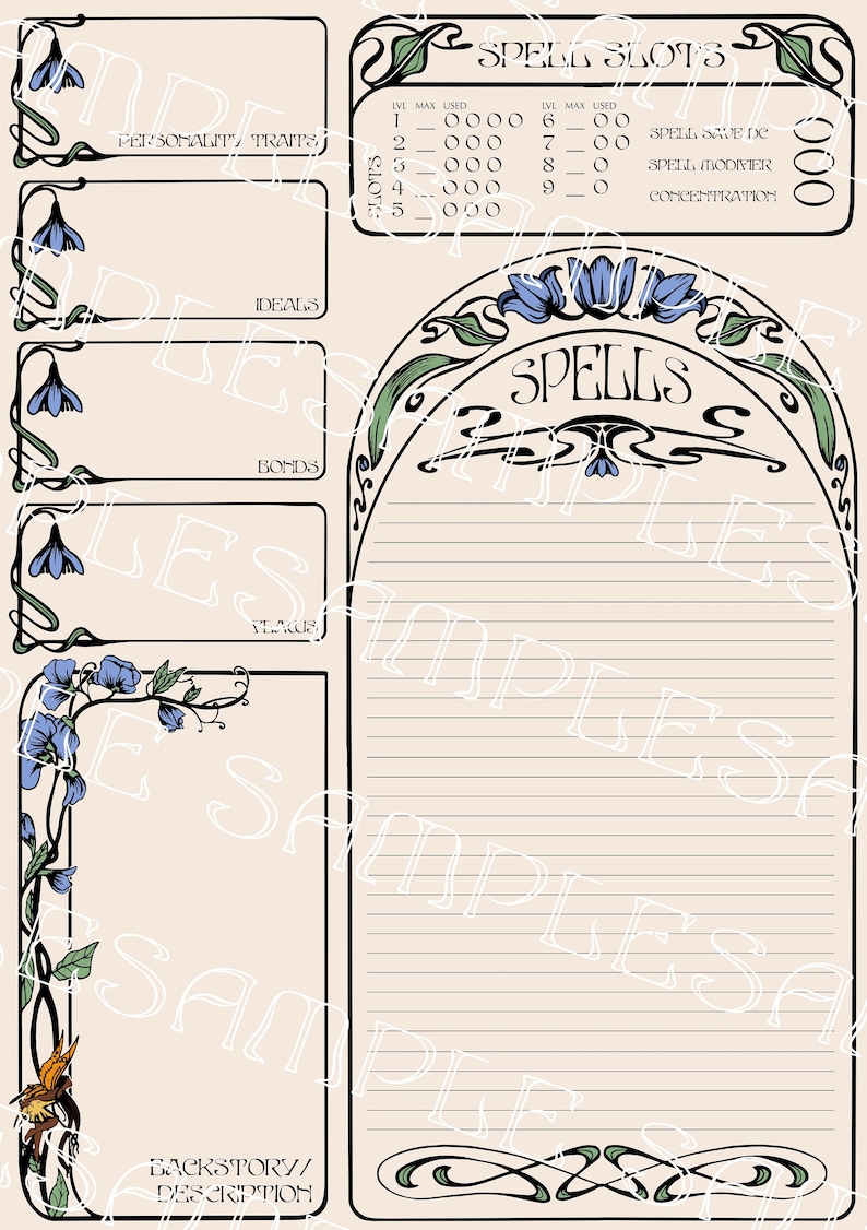 Art Nouveau DND 5e Character Sheet - Etsy