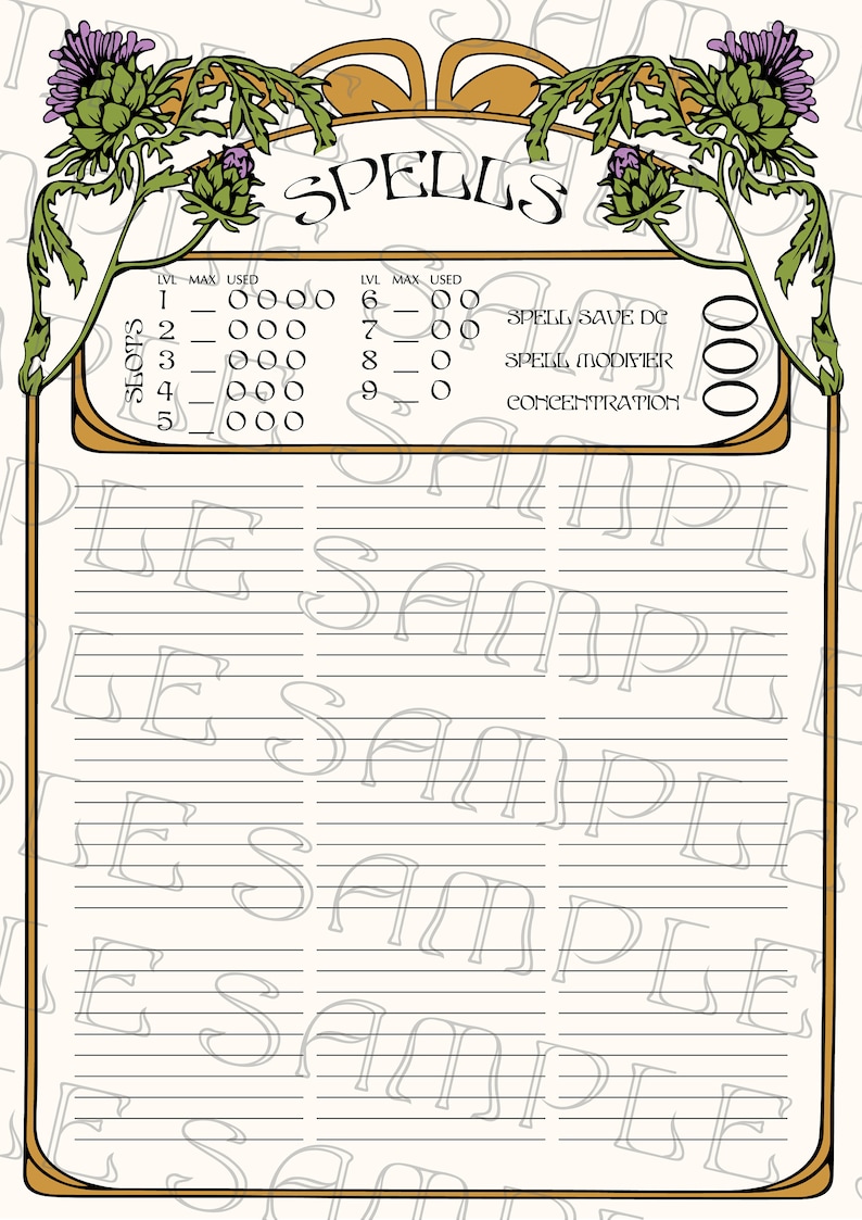 Art Nouveau DND 5e Character Sheet - Thistles - Etsy