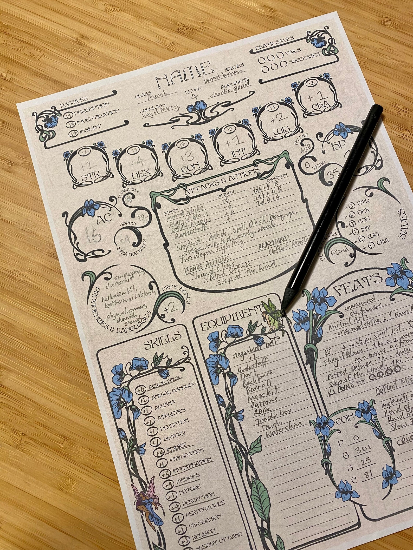 Art Nouveau DND 5e Character Sheet - Etsy