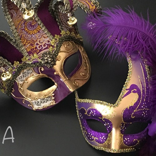 Purple Gold Masquerade Mask Women Feather Mask Jolly Jester - Etsy