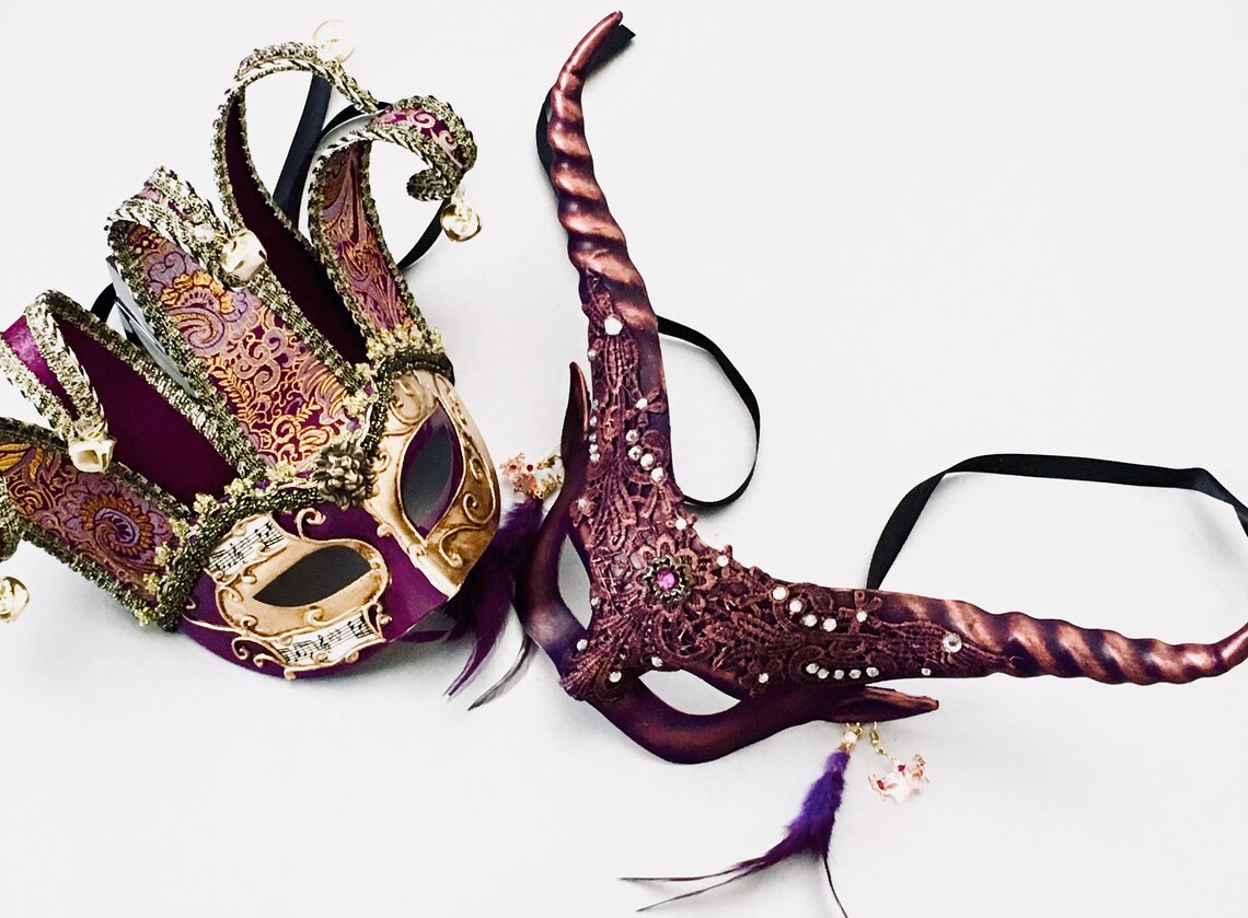 Purple Gold Masquerade Mask Jolly Jester Mask Women Horns | Etsy