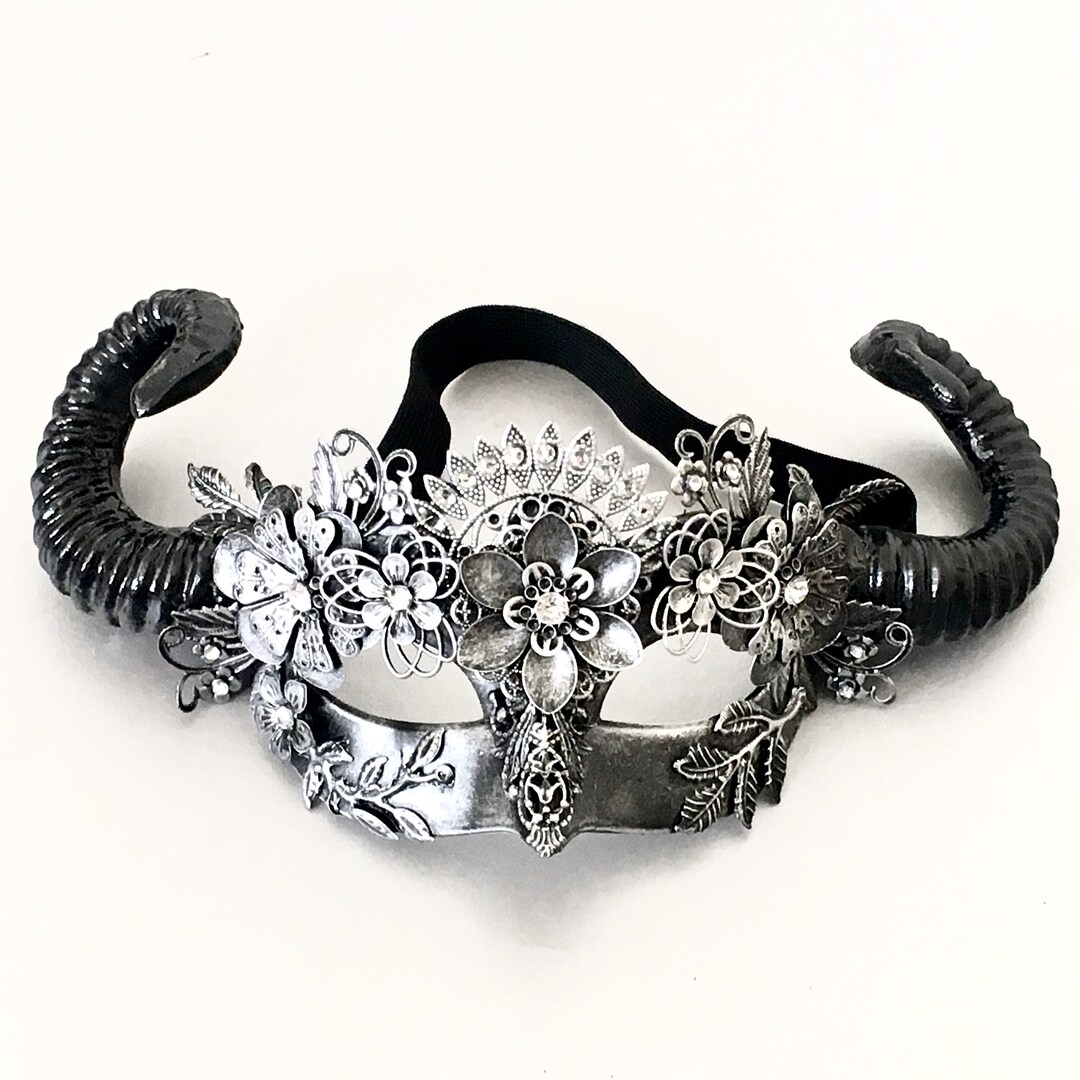 Black Silver Horned Masquerade Mask: Floral Venetian Party Mask - Etsy