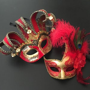 Red Gold Masquerade Masks: Feathered Venetian Mask & Jester Mask - Etsy
