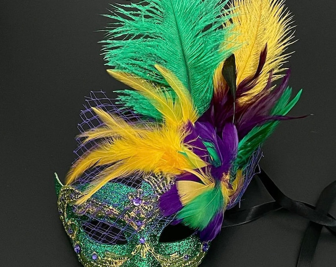 Green Gold Masquerade Mask, Women Mask, Feather Mask, Anniversary Mask ...