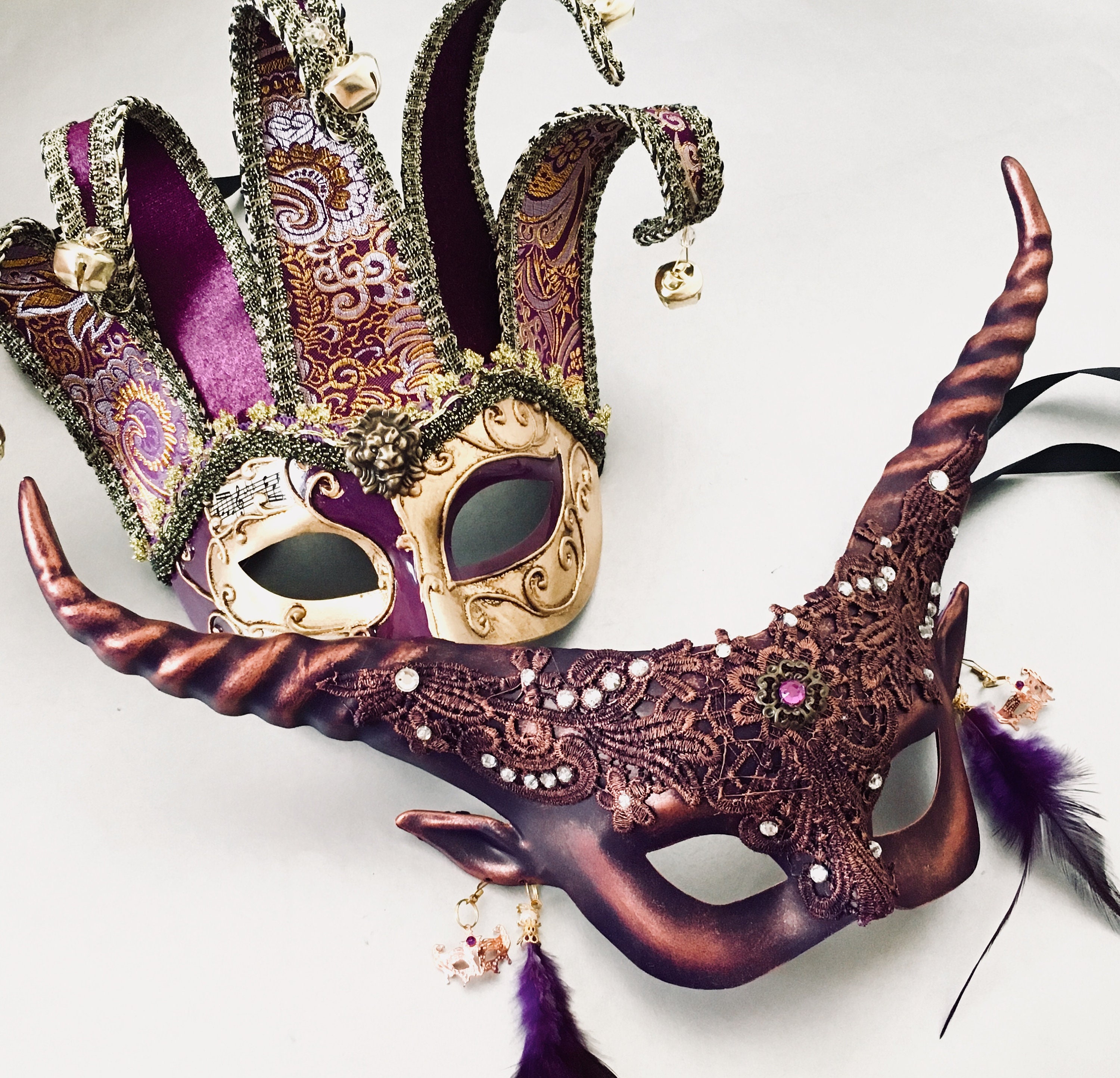 Purple Gold Masquerade Mask Jolly Jester Mask Women Horns - Etsy