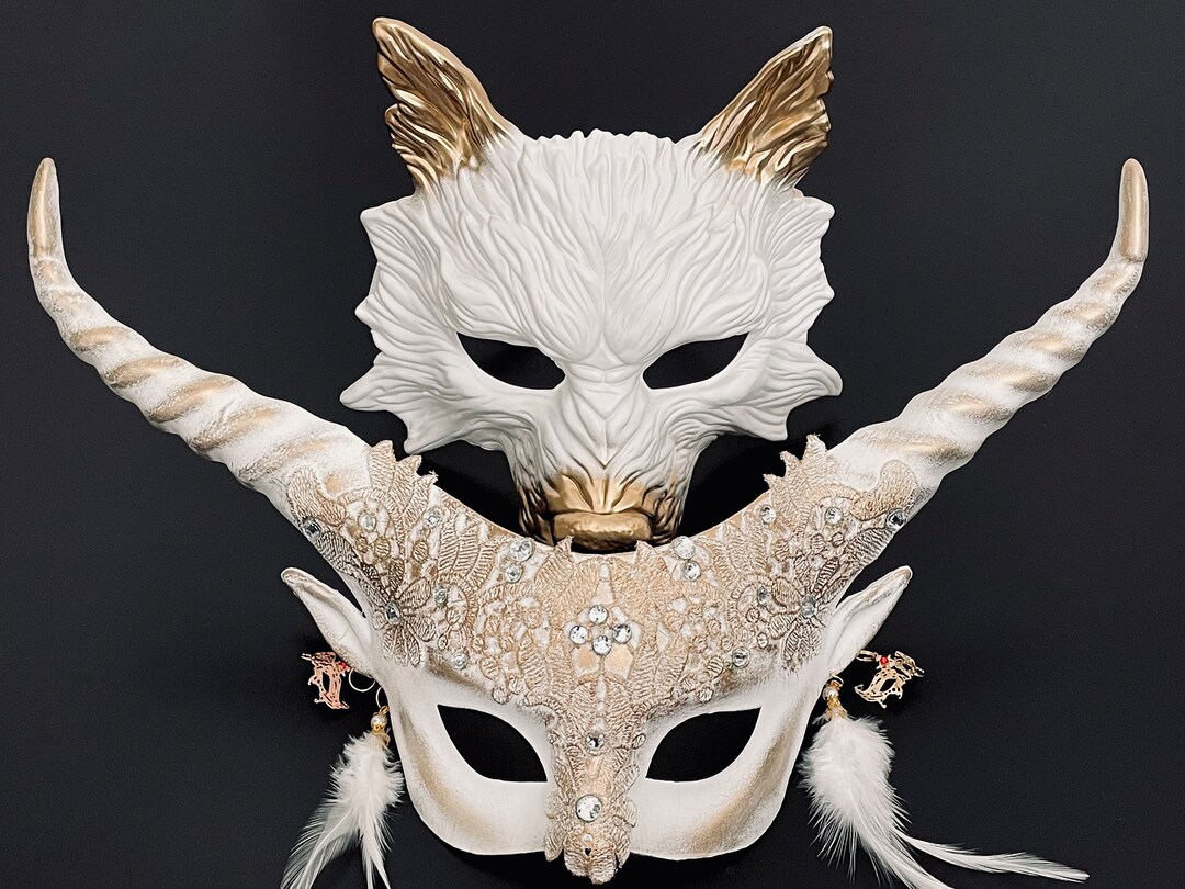 White & Gold Wolf Mask With Horns: Halloween Masquerade - Etsy
