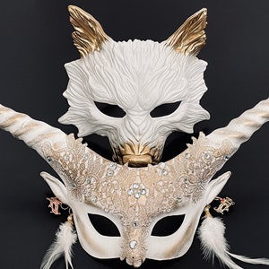 White & Gold Wolf Mask With Horns: Halloween Masquerade - Etsy