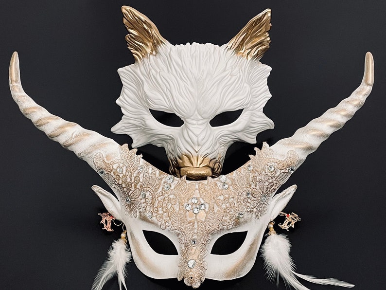 White & Gold Wolf Mask With Horns: Halloween Masquerade - Etsy
