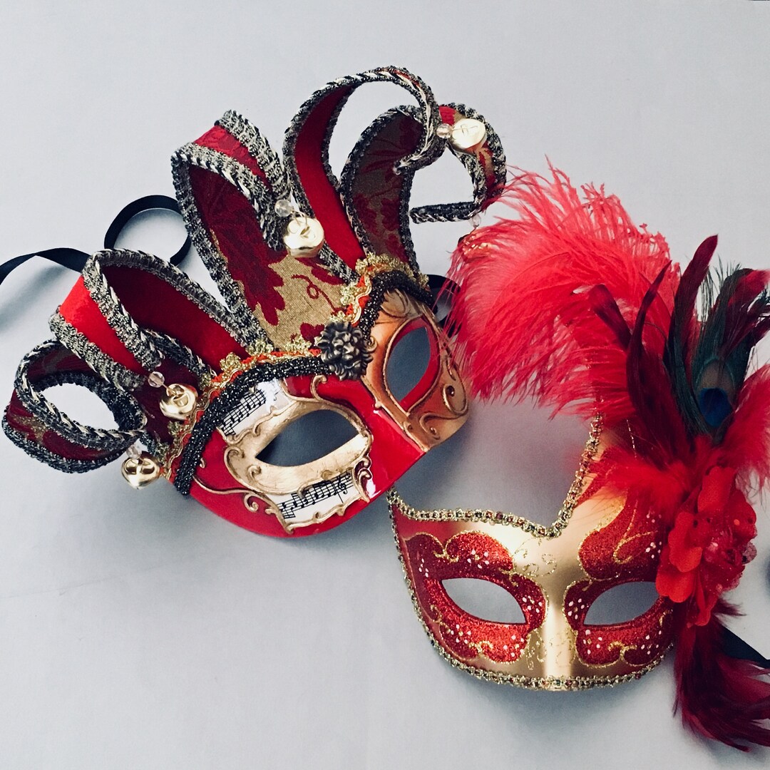 Red Gold Masquerade Masks: Feathered Venetian Mask & Jester Mask - Etsy