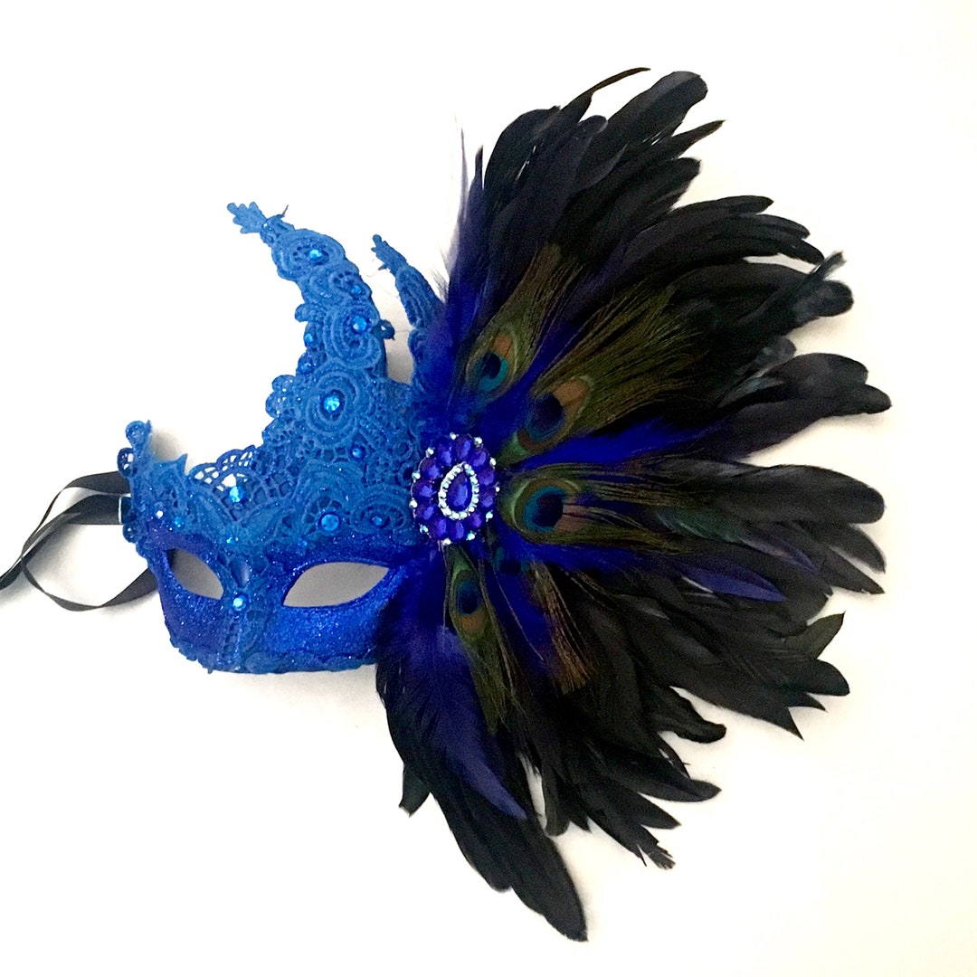 Blue Feather Masquerade Mask: Brocade Lace Wedding Mask - Etsy