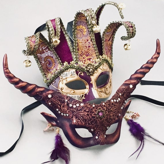 Purple Gold Masquerade Mask Jolly Jester Mask Women Horns - Etsy