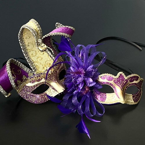 Purple Gold Masquerade Mask Women Feather Mask Jolly Jester - Etsy