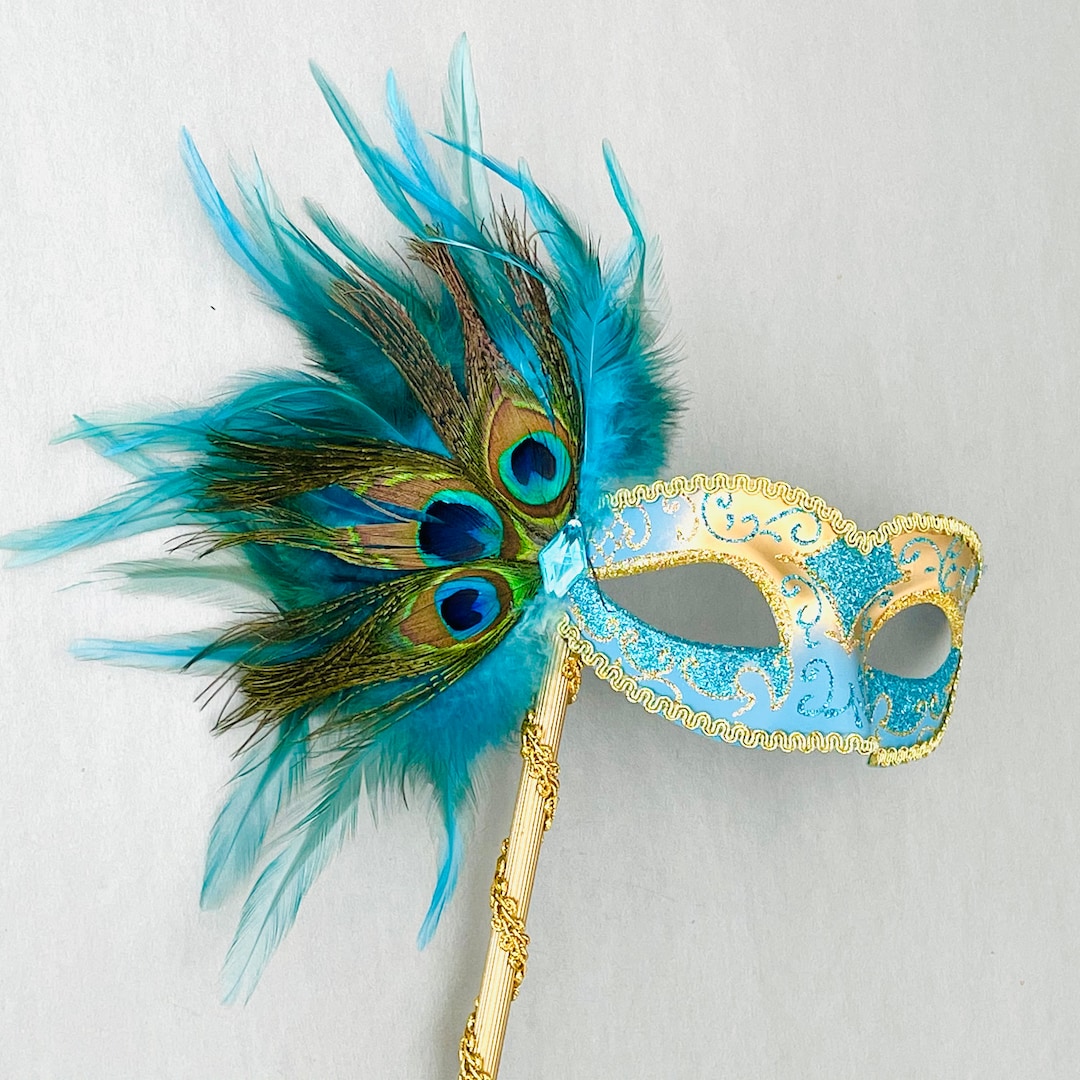 Sky Blue Stick Masquerade Mask, Feather Mask, Mask for Women, Feather ...