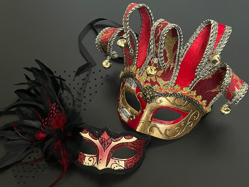 Red Gold Masquerade Mask Set: Jester & Venetian Masks - Etsy