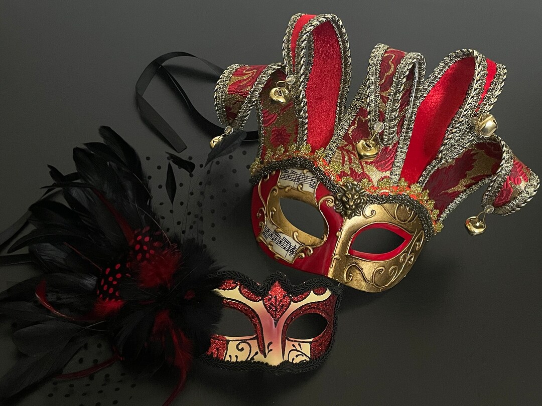 Red Gold Masquerade Mask Set: Jester & Venetian Masks - Etsy