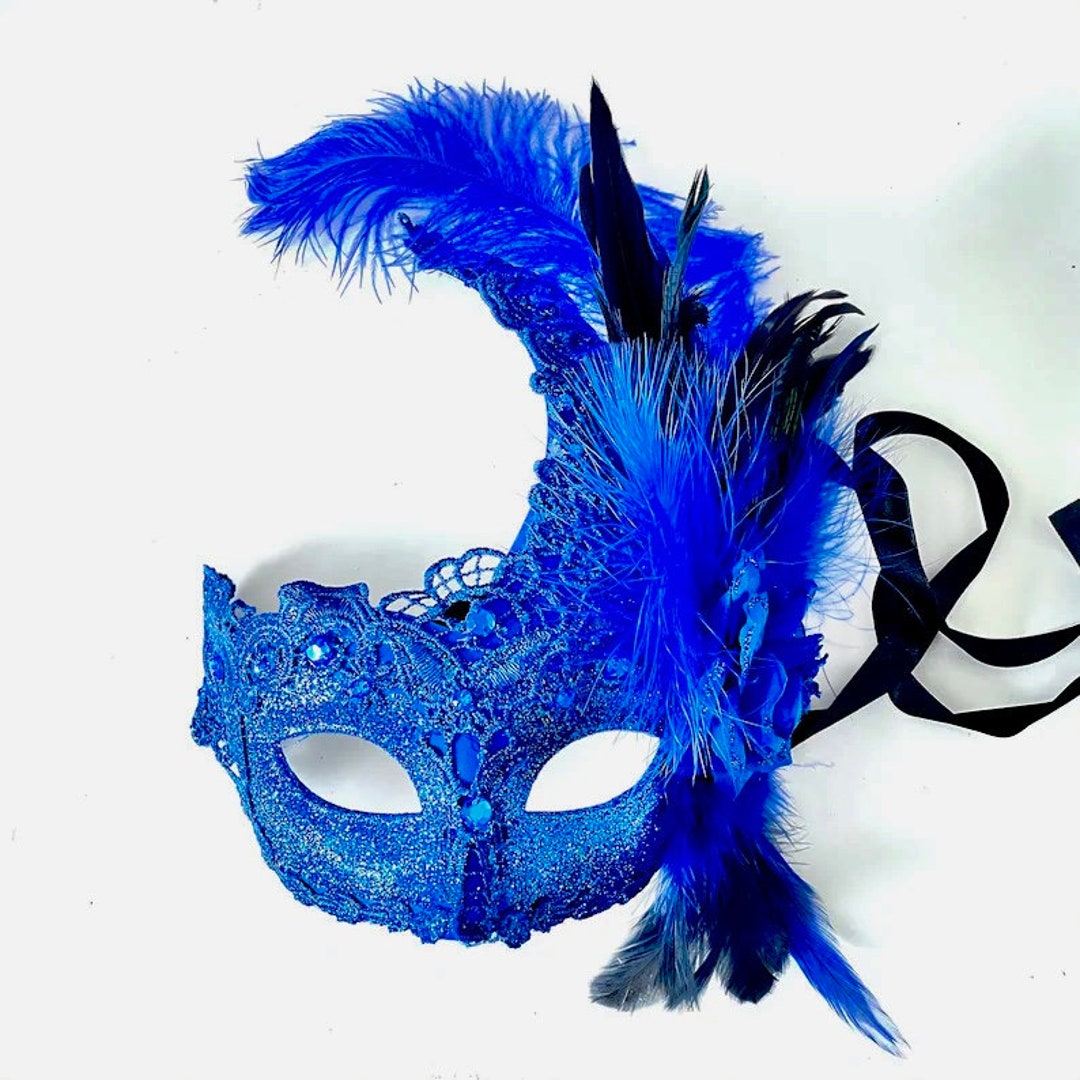 Blue Masquerade Mask, Women Feather Mask, Feather Mask, Blue Mask, Ball ...