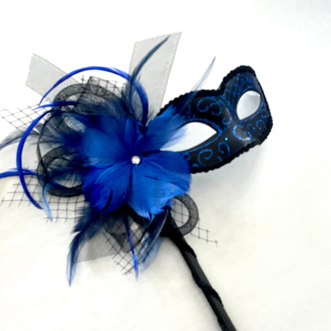 Black Blue Masquerade Mask, Stick Mask, Women Mask, Ball Party Mask ...