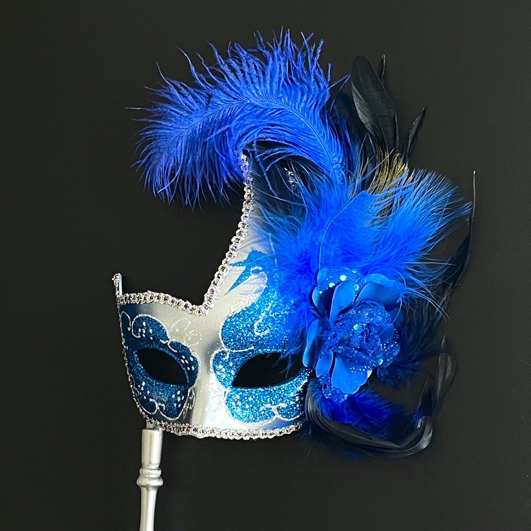 Blue Silver Masquerade Mask, Women’s Stick Mask, Women Feathers Mask ...