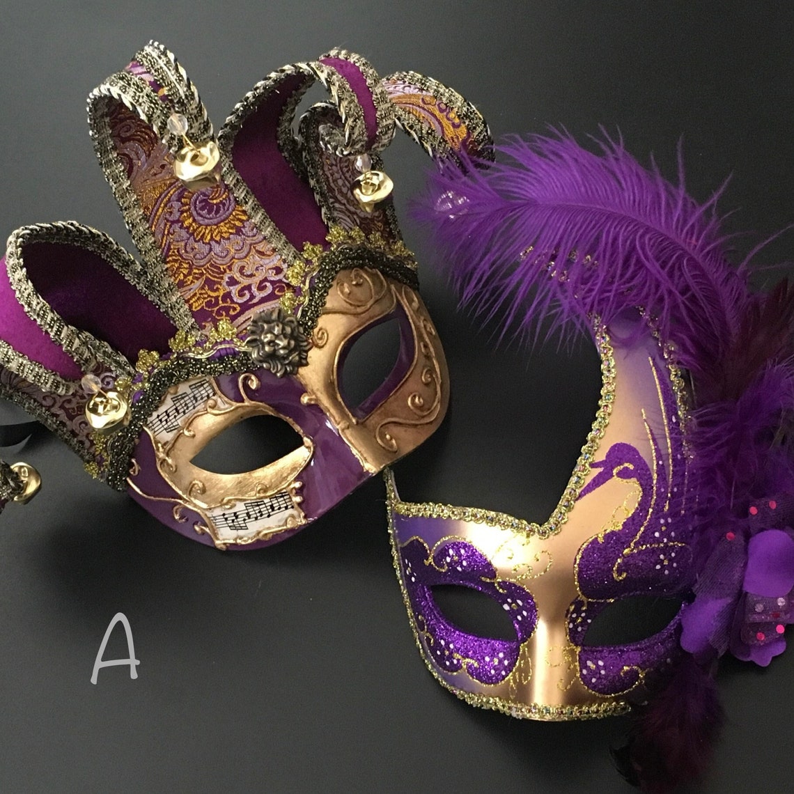Purple Gold Masquerade Mask Women Feather Mask Jolly Jester - Etsy