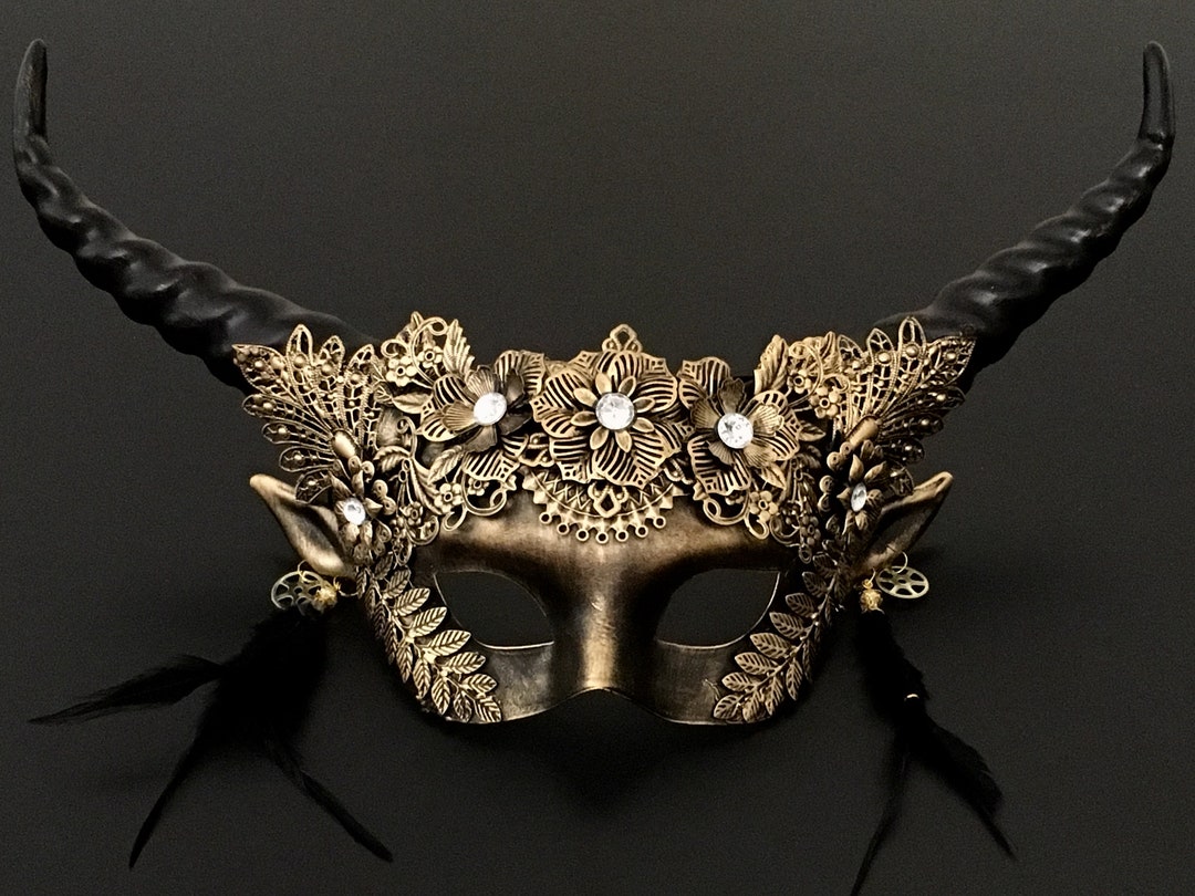 Black & Gold Horned Masquerade Mask: Floral Animal Mask - Etsy