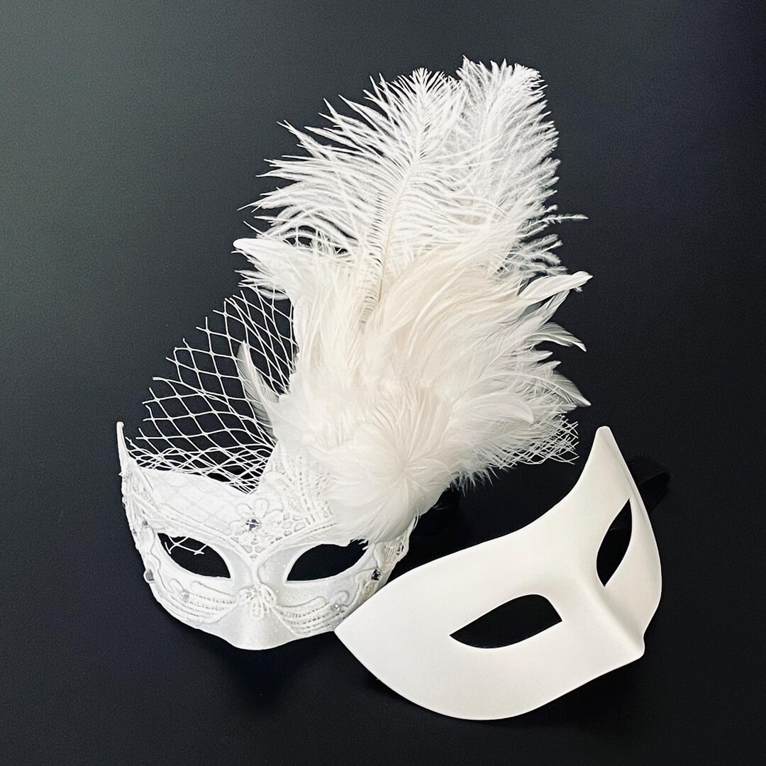 White Feather Masquerade Mask Set: Couple's Wedding Masks - Etsy