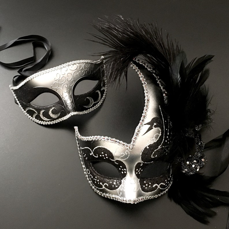 Black Silver Masquerade Mask Women Feather Mask Anniversary | Etsy