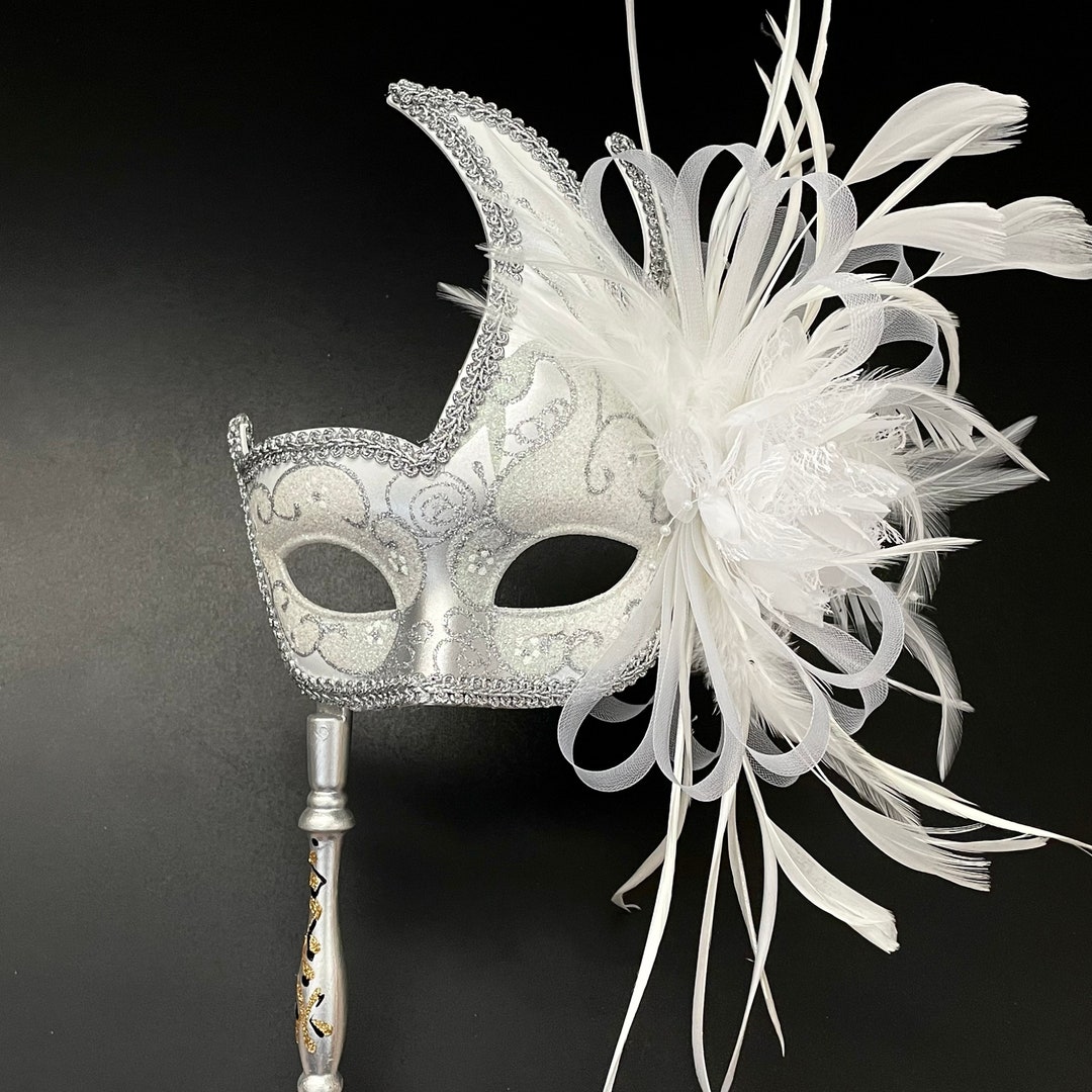 White Feather Masquerade Mask: Silver Stick Mask, Halloween Ball - Etsy