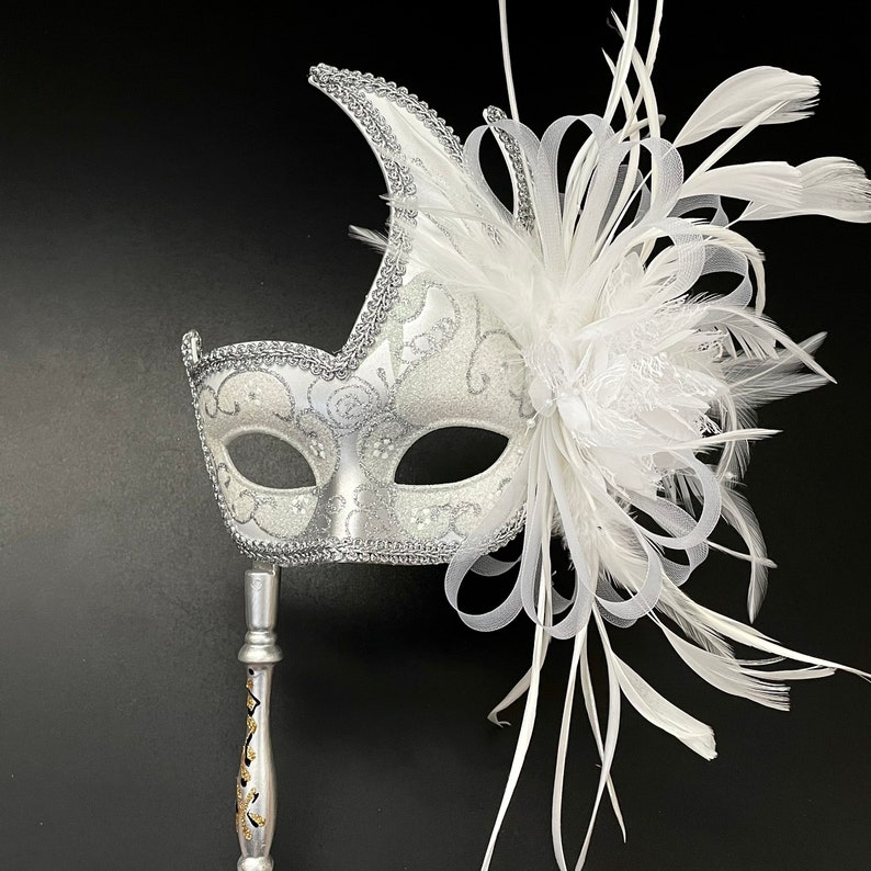 White Feather Masquerade Mask: Silver Stick Mask, Halloween Ball - Etsy
