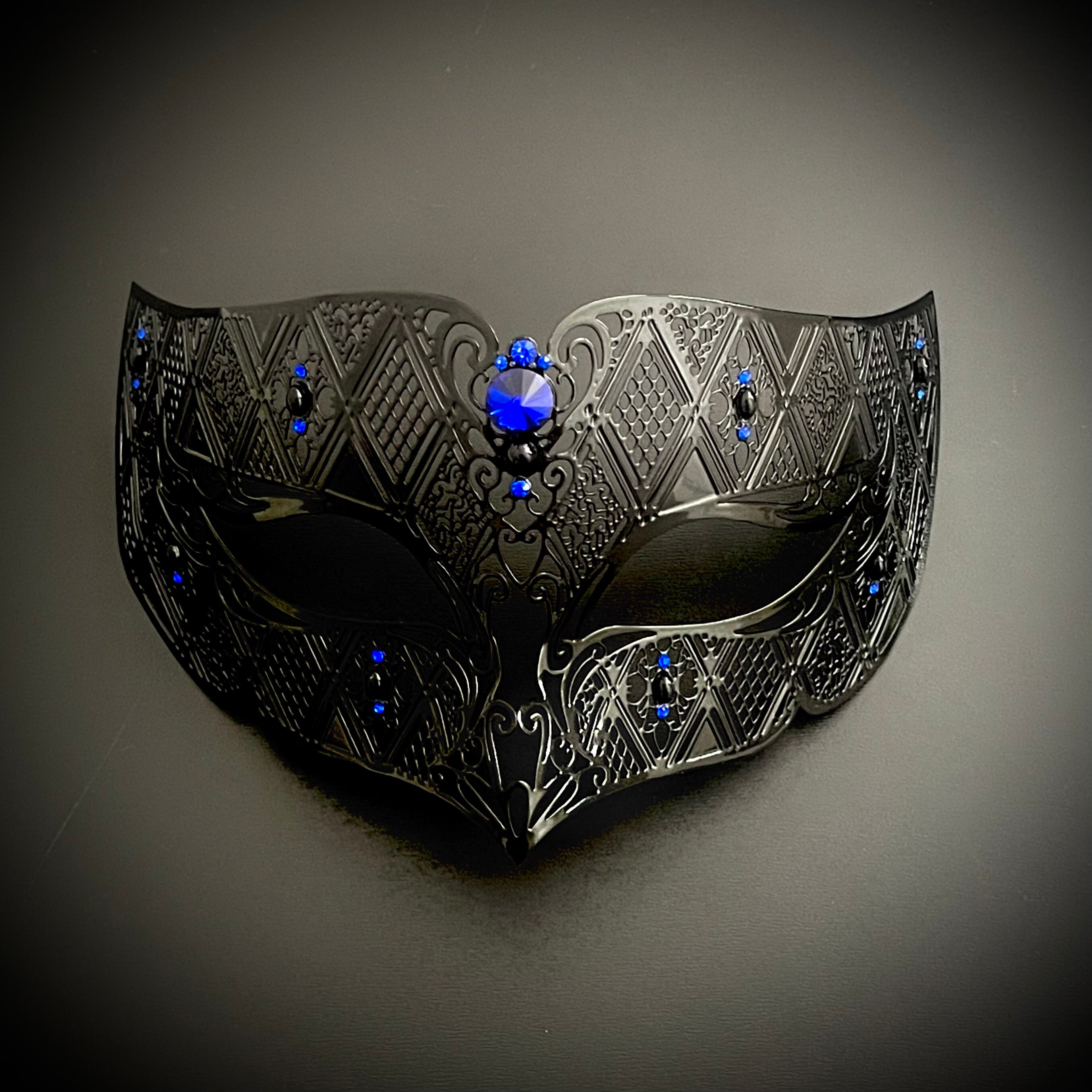 Black Metal Masquerade Mask: Men's Ball Party Mask, Blue Rhinestones - Etsy