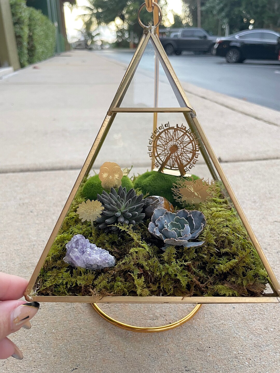 Hanging Pyramid Terrarium With Ferris Wheel, Gold Accents, LIVE ...