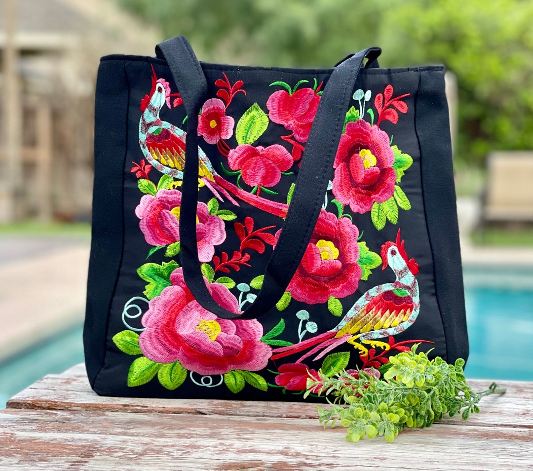 Birds Floral Embroidered Handbag, Floral Handbag,tote,satchel, School ...