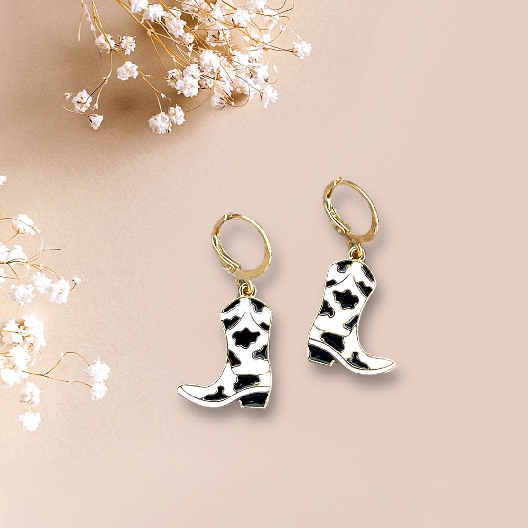 Cowgirl Boot Drop Earrings/cow Print Boot Earrings/western Cow Print ...