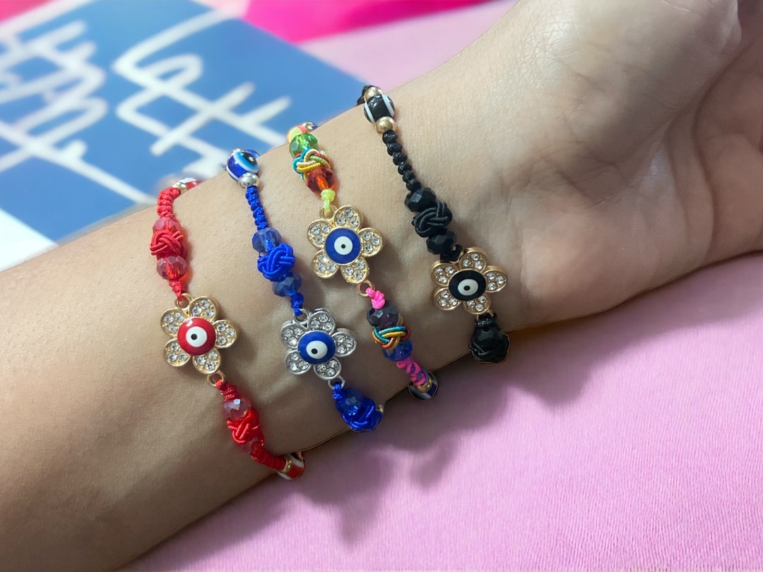 Evil Eye Flowered Bracelet/mal De Ojo Bracelet/protection Beaded ...