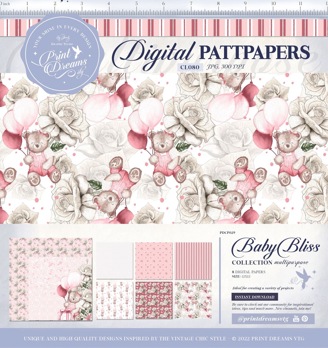 Baby Girl Papers/patterns: Bear Scrapbook Vtg, Digital Baby Paper ...