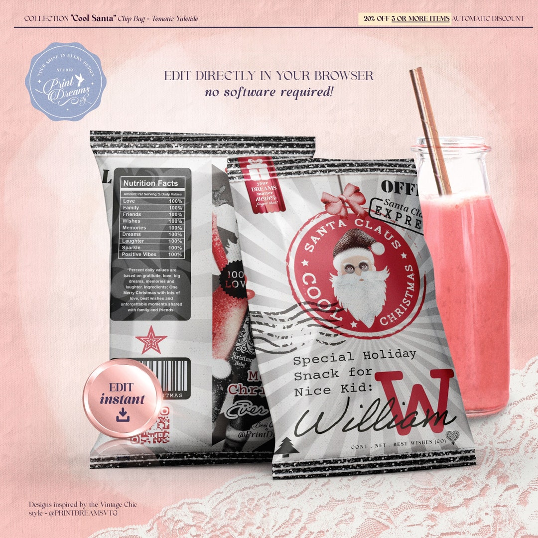 Editable Christmas Chip Bag Wrapper Template. Cool Santa Chip Bag ...