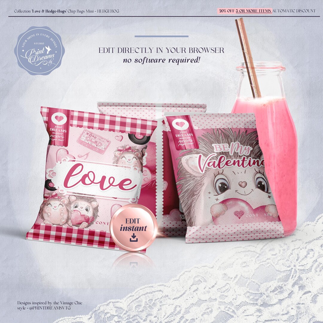 Editable Valentine's Day Favors: Love Chip Bag, Valentine's Hedgehog ...